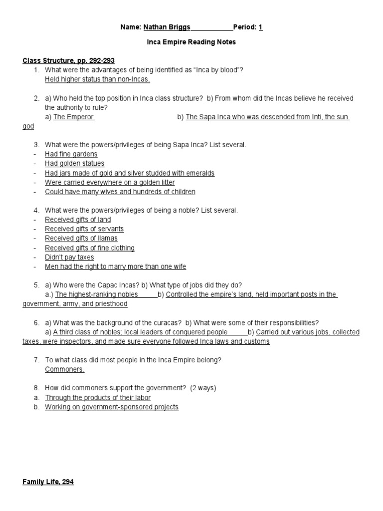 Name: Nathan Briggs Period: 1 Inca Empire Reading Notes Class Structure ...