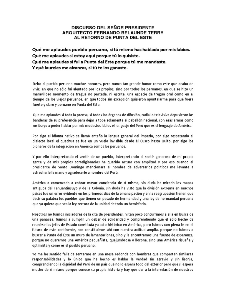 Discurso Retorno Del Senor Presidente | PDF | Américas | Perú