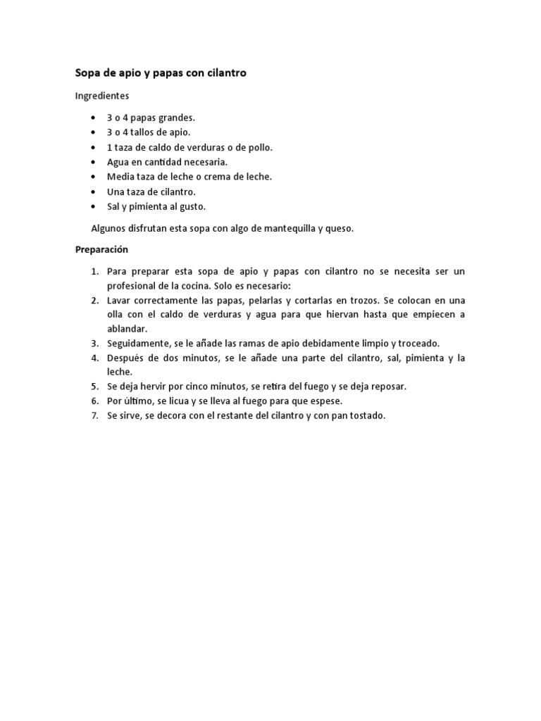 Sopa de Apio y Papas con Cilantro | PDF