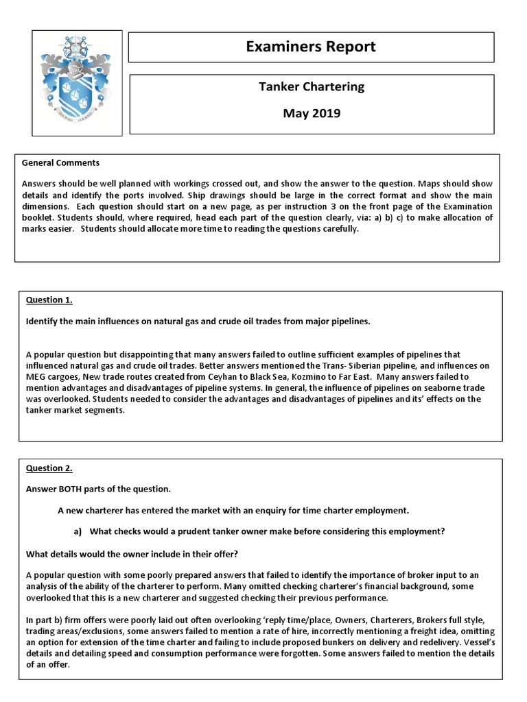 Examiners Report: Tanker Chartering May 2019 | PDF | Oil Tanker | Ships