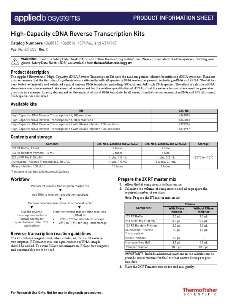 High-Capacity cDNA Reverse Transcription Kits: Product Information Sheet | Download Free PDF ...