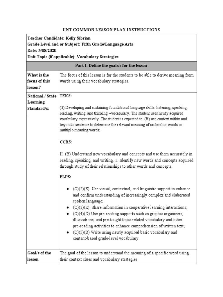Common Lesson Plan 3 - Kelly Sibrian | PDF | Lesson Plan | Vocabulary