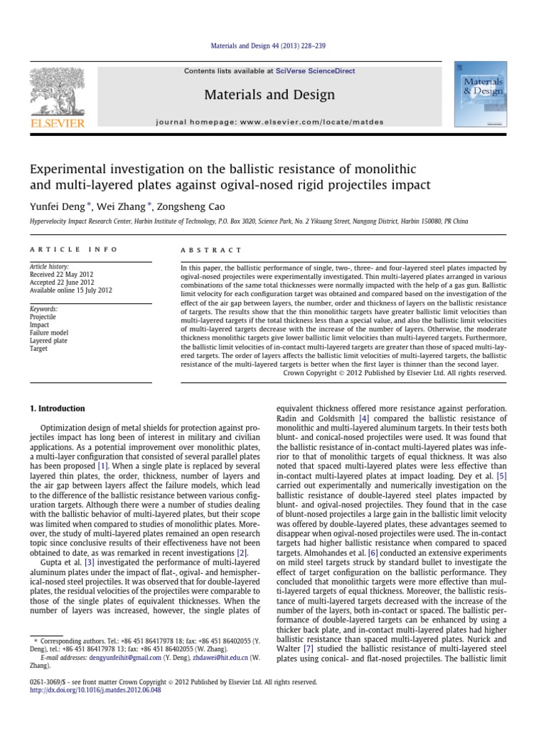 Experimental Investigation On The Ballistic Resistance Of Monolithic And Multi Layred Plates 