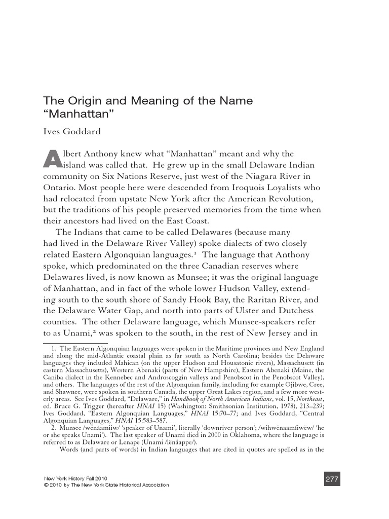 The Origin and Meaning of The Name "Manhattan": Ives Goddard | PDF ...