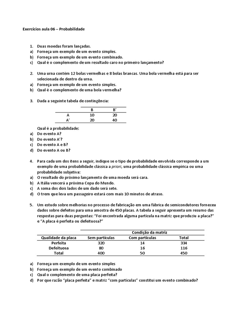 Exercícios Probabilidade - Estatística | PDF | Probabilidade | Ensino de Matemática