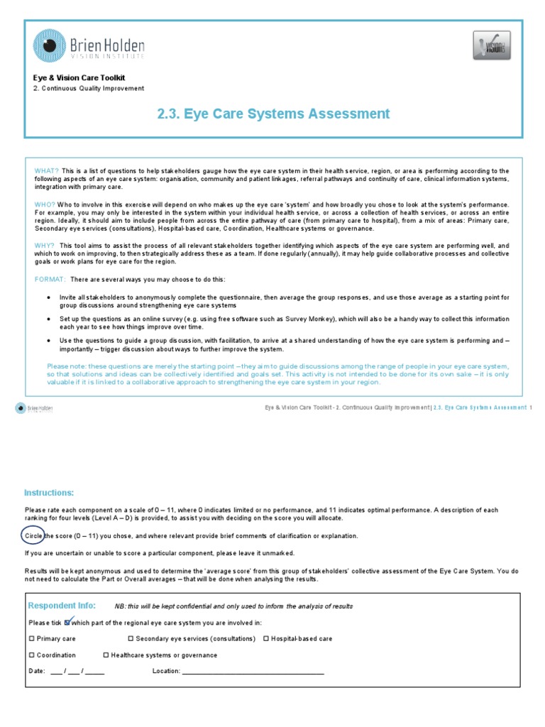 Eye Care System Assessment Guide | PDF | Optometry | Ophthalmology