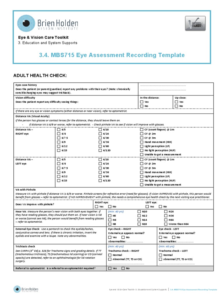 Eye Assessment Recording Template | PDF | Eye | Visual Perception