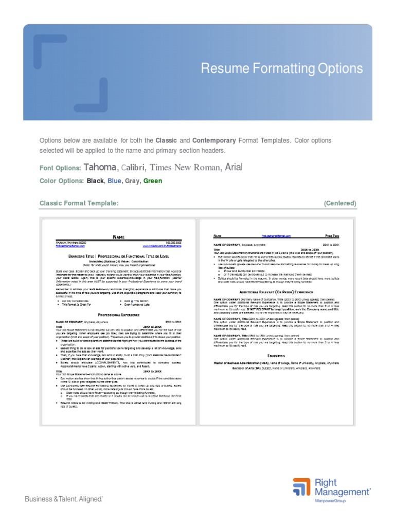 Resume Formatting Options: Tahoma, Calibri, Times New Roman, Arial | PDF