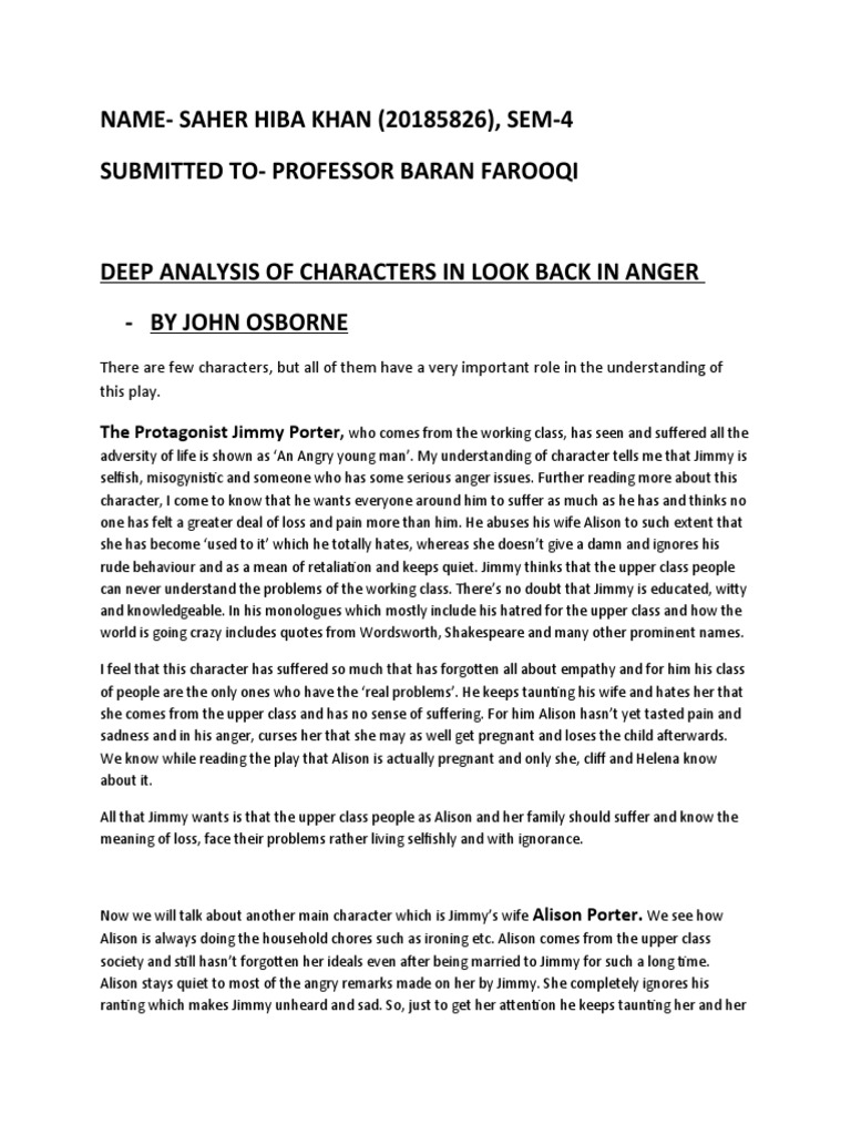Analysis of Characters in Look Back in Anger by John Osborne | PDF | Anger