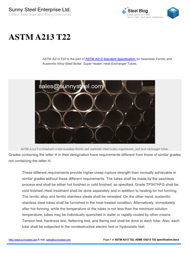 ASTM A213 T22 Material Specifications | PDF | Heat Treating | Steel