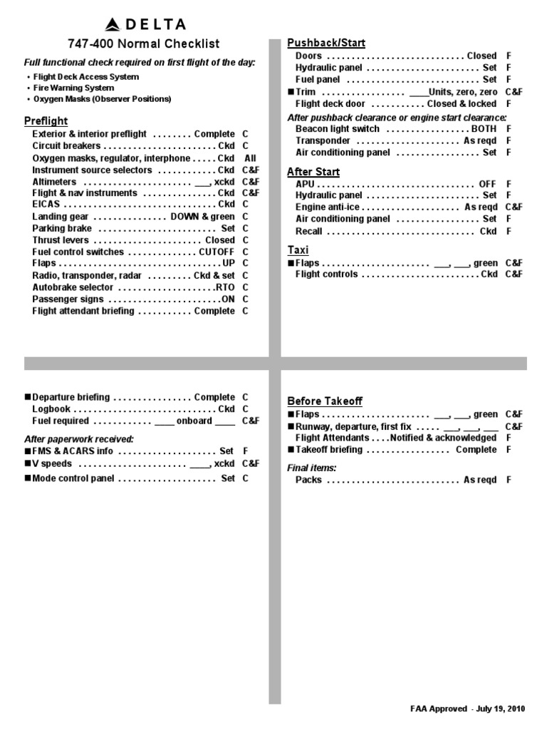 Delta Airlines 747-400 Checklist | PDF | Aircraft | Aerospace Engineering
