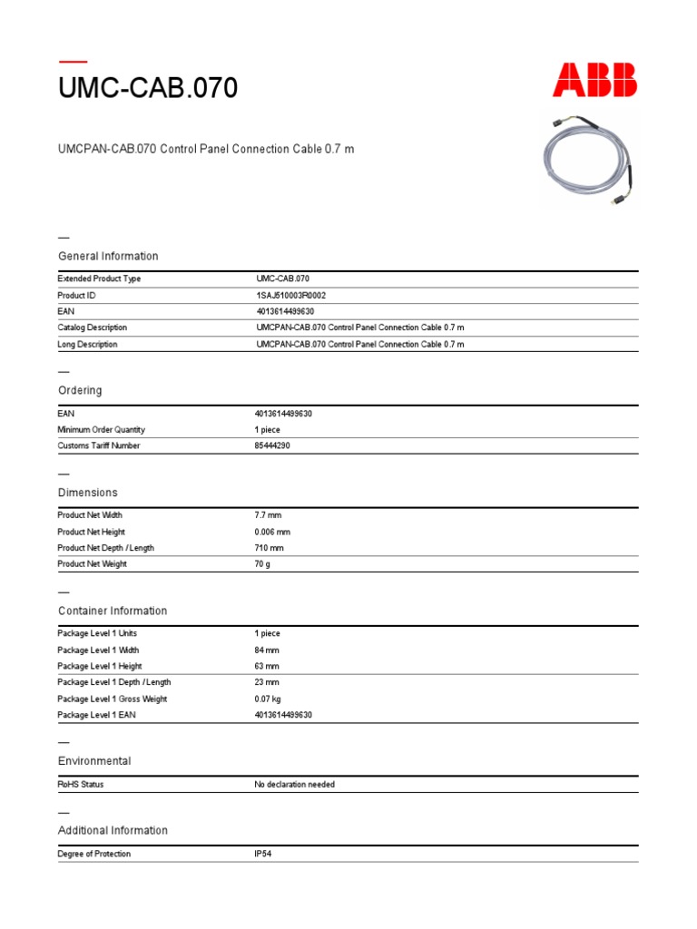 UMC-CAB.070: UMCPAN-CAB.070 Control Panel Connection Cable 0.7 M | PDF ...