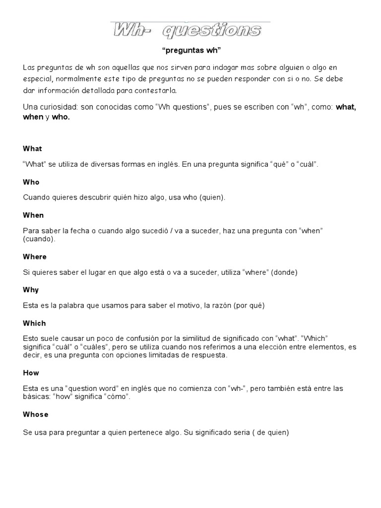 Preguntas Wh en inglés y español | PDF | Artes del Lenguaje y ...