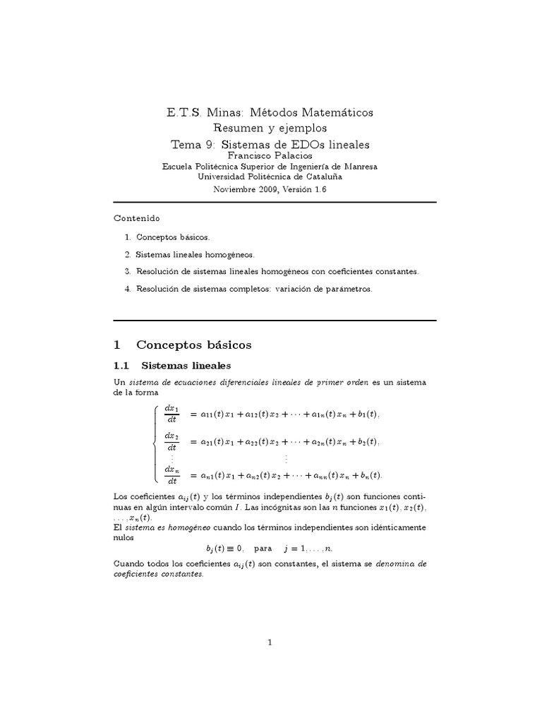 E.T.S. Minas - Métodos Matemáticos Resumen y Ejemplos Tema 9 - Sistemas de EDOs Lineales PDF ...