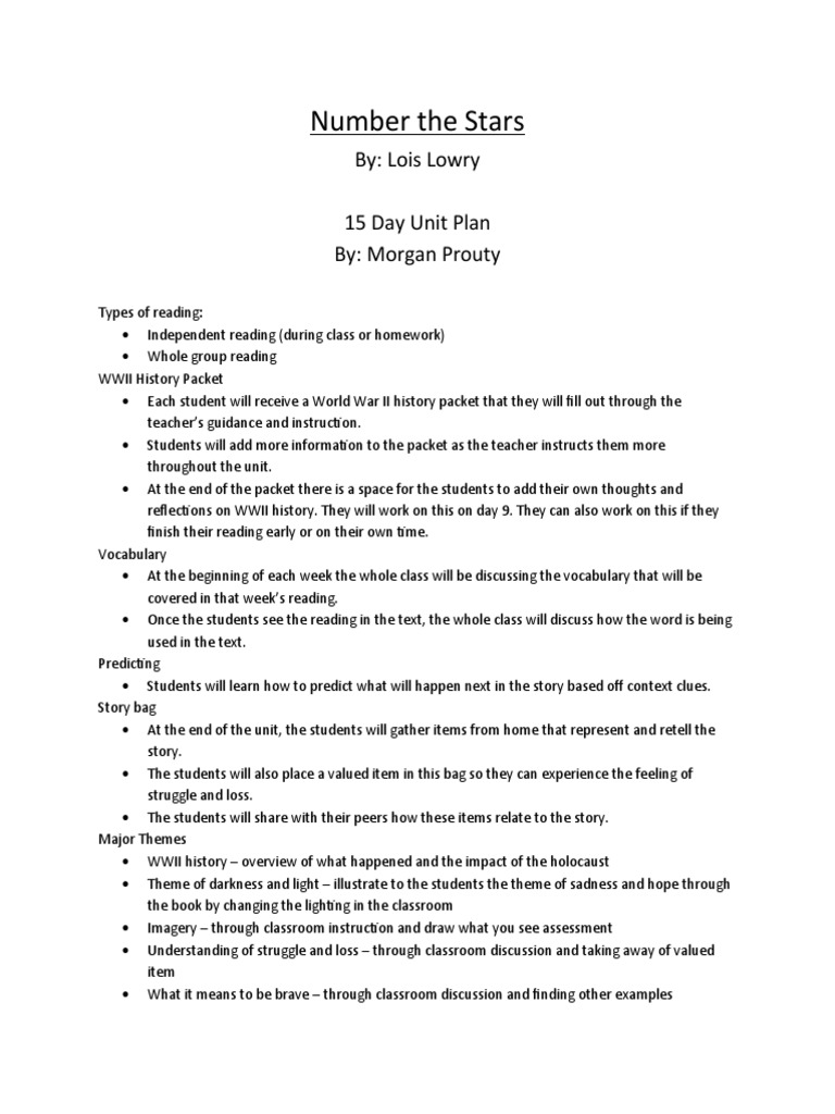 Number The Stars: By: Lois Lowry 15 Day Unit Plan By: Morgan Prouty ...
