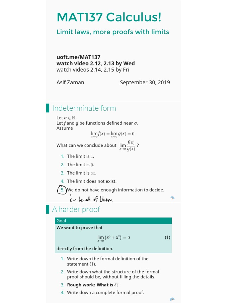 MAT137 Calculus!: Limit Laws, More Proofs With Limits | PDF ...