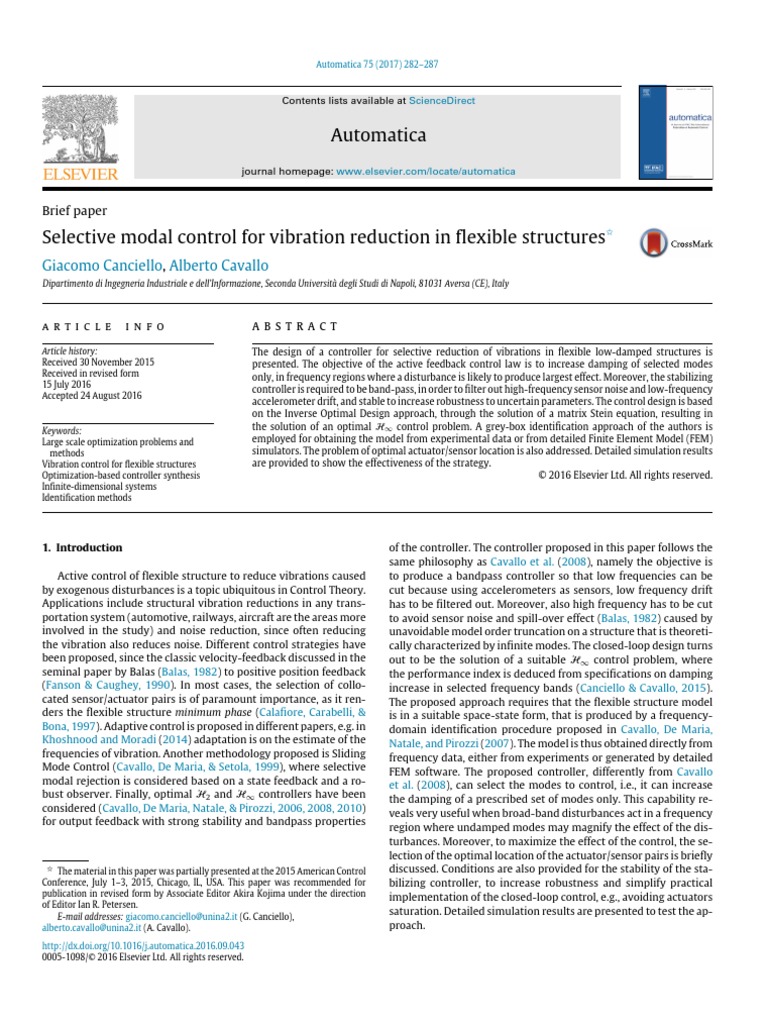 Selective Modal Control For Vibration Reduction In Flexible Structures 2017 Pdf Control
