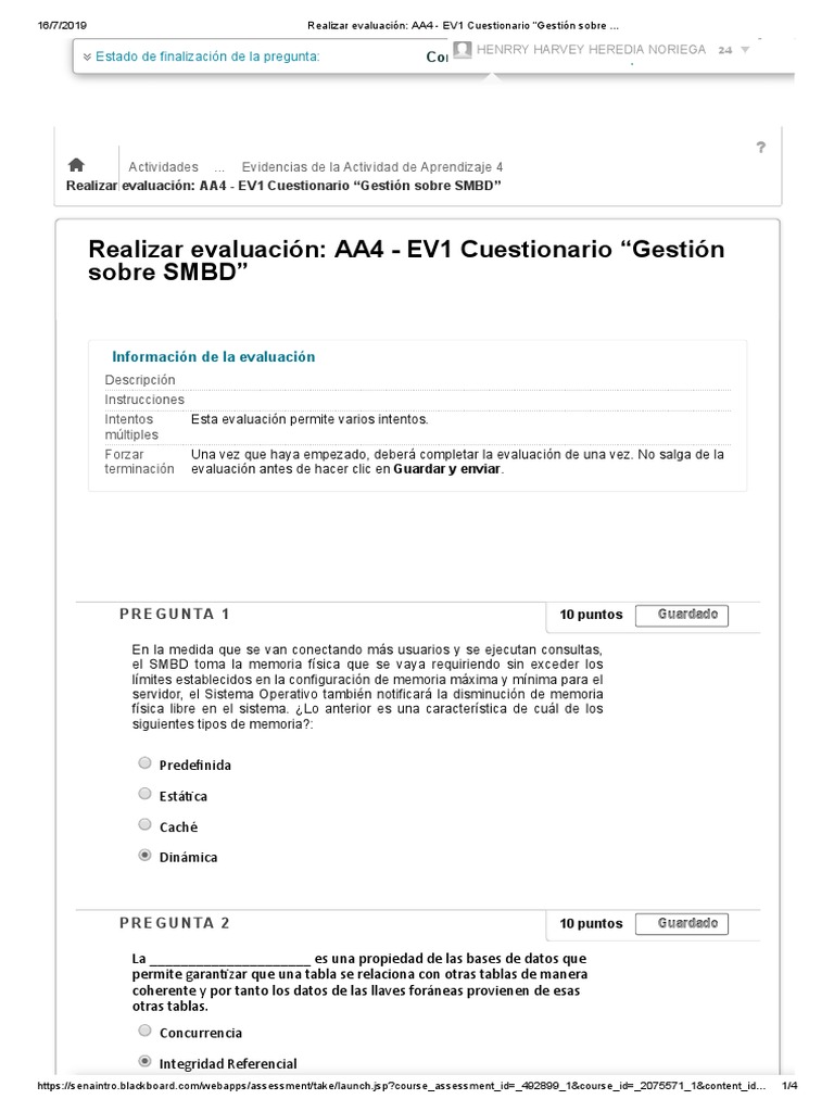 Realizar Evaluación - AA4 - EV1 Cuestionario "Gestión Sobre .. | PDF | Cuestionario | SQL