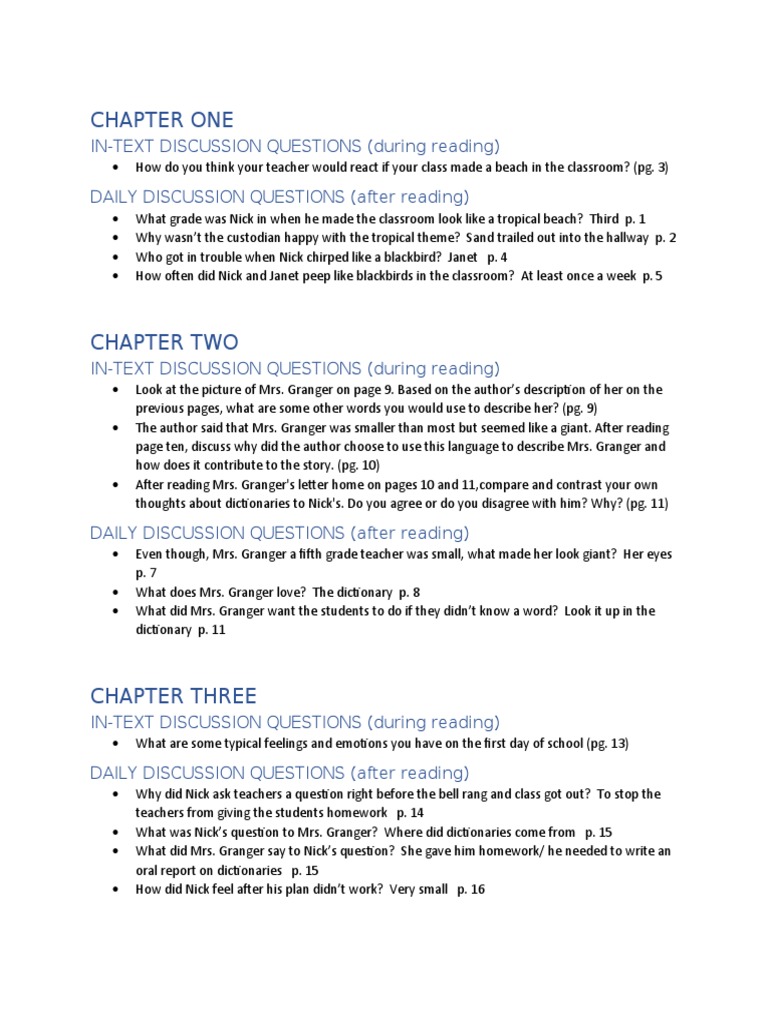 Frindle Chapter-By-Chapter Discussion Questions | PDF | Language Arts ...