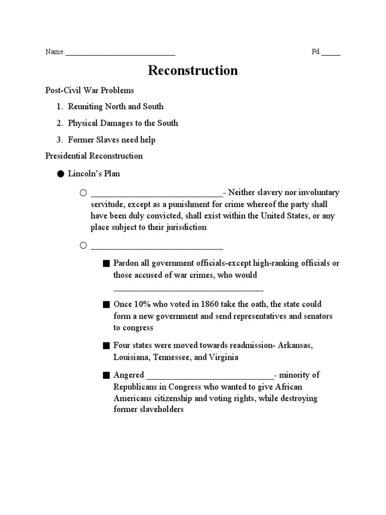 Reconstruction Guided Notes | PDF | Reconstruction Era | Southern ...
