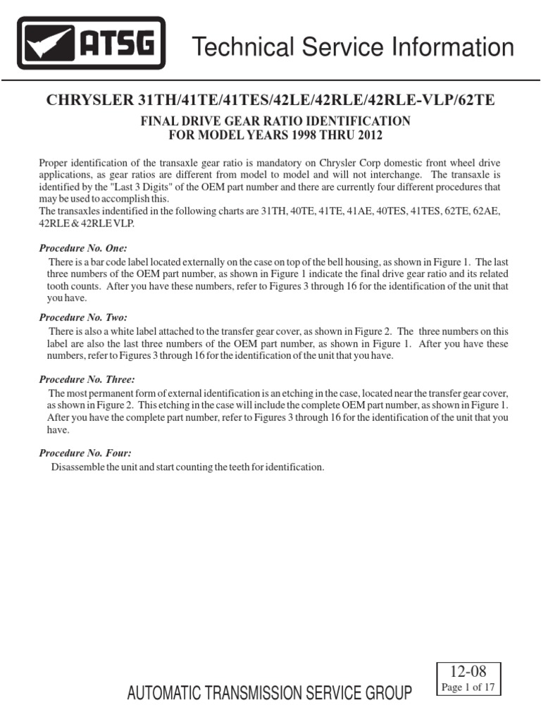 Technical Service Information: CHRYSLER 31TH/41TE/41TES/42LE/42RLE ...