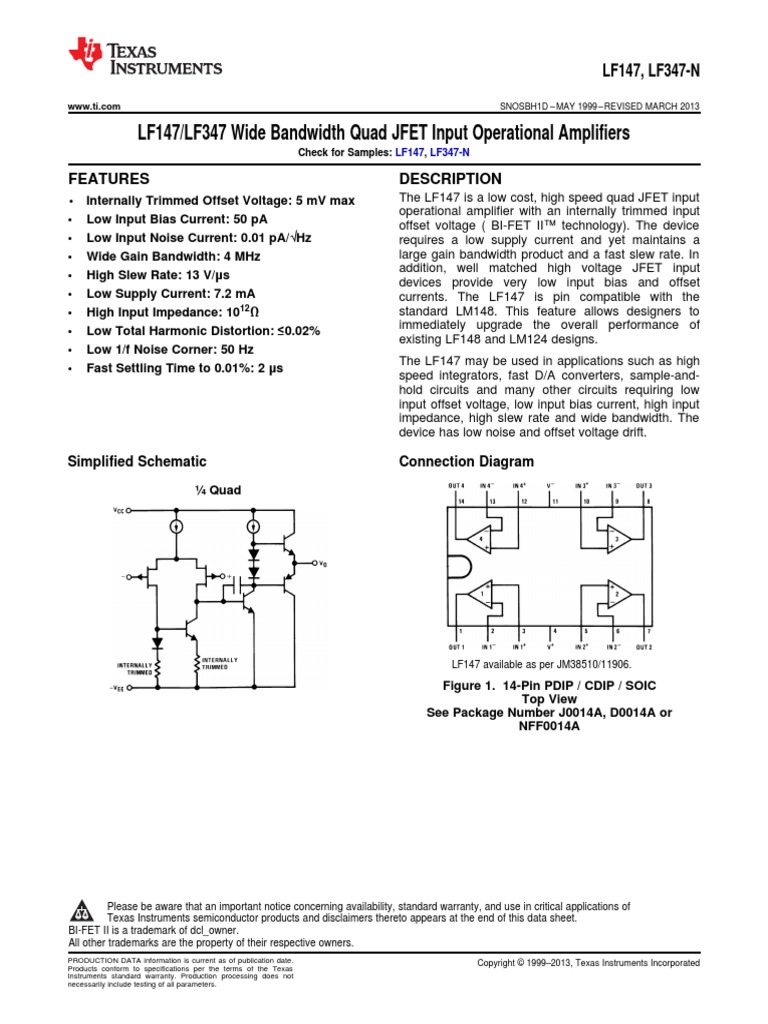 LF147-LF347 Texas Instrument | PDF | Amplifier | Operational Amplifier