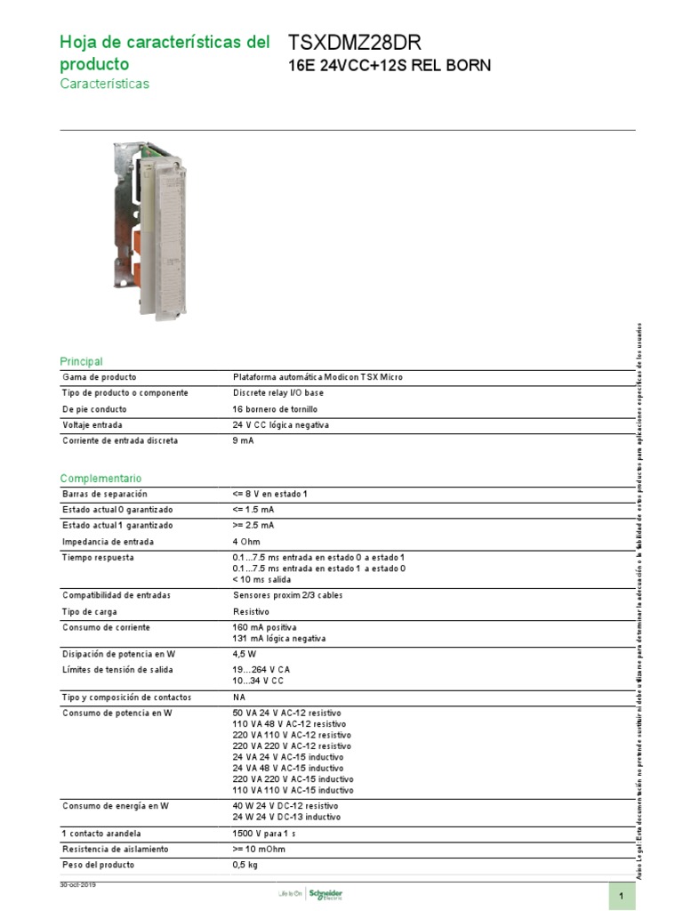 Modicon TSX Micro - TSXDMZ28DR PDF | PDF | Electricidad | Electromagnetismo