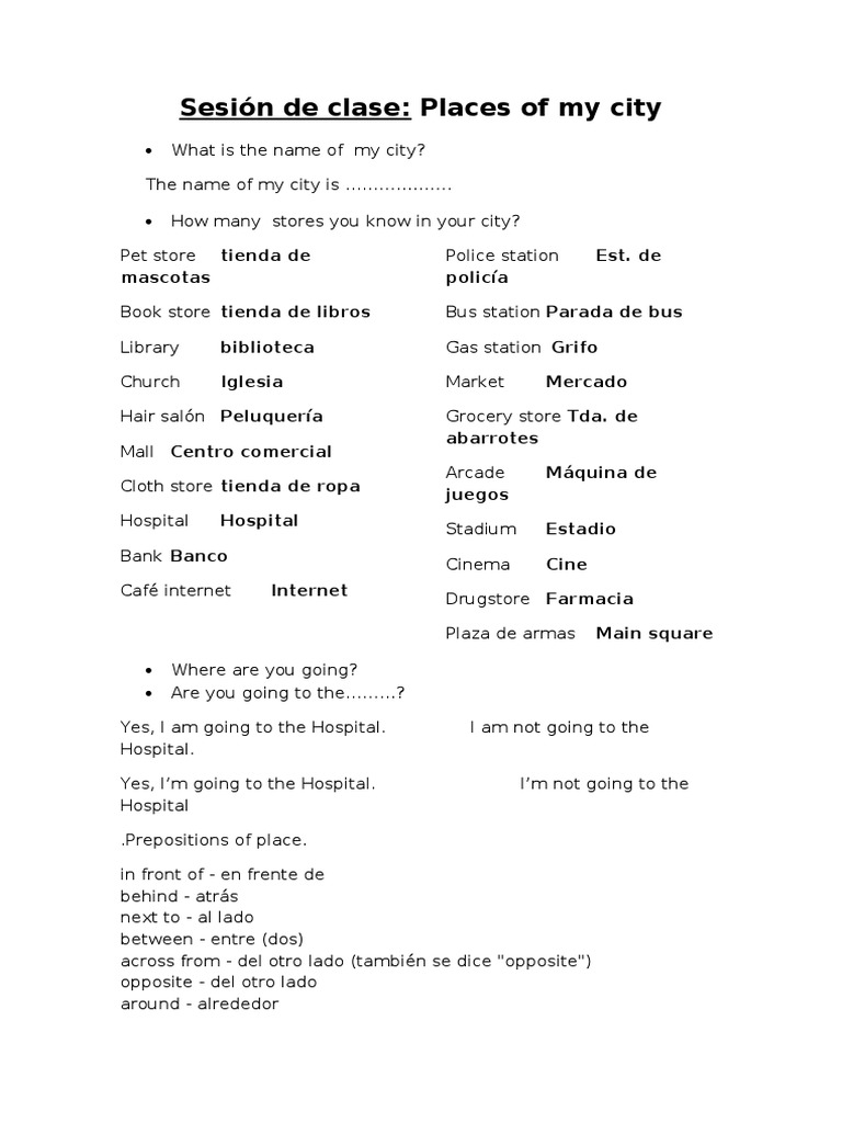 Places in My City and Prepositions of Place | PDF