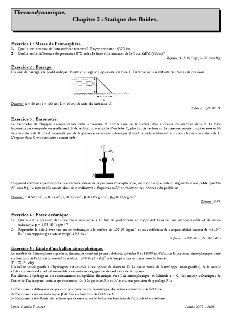 Thermodynamique Exercices T2 - Statique Des Fluides | PDF | Pression | Atmosphère de la Terre