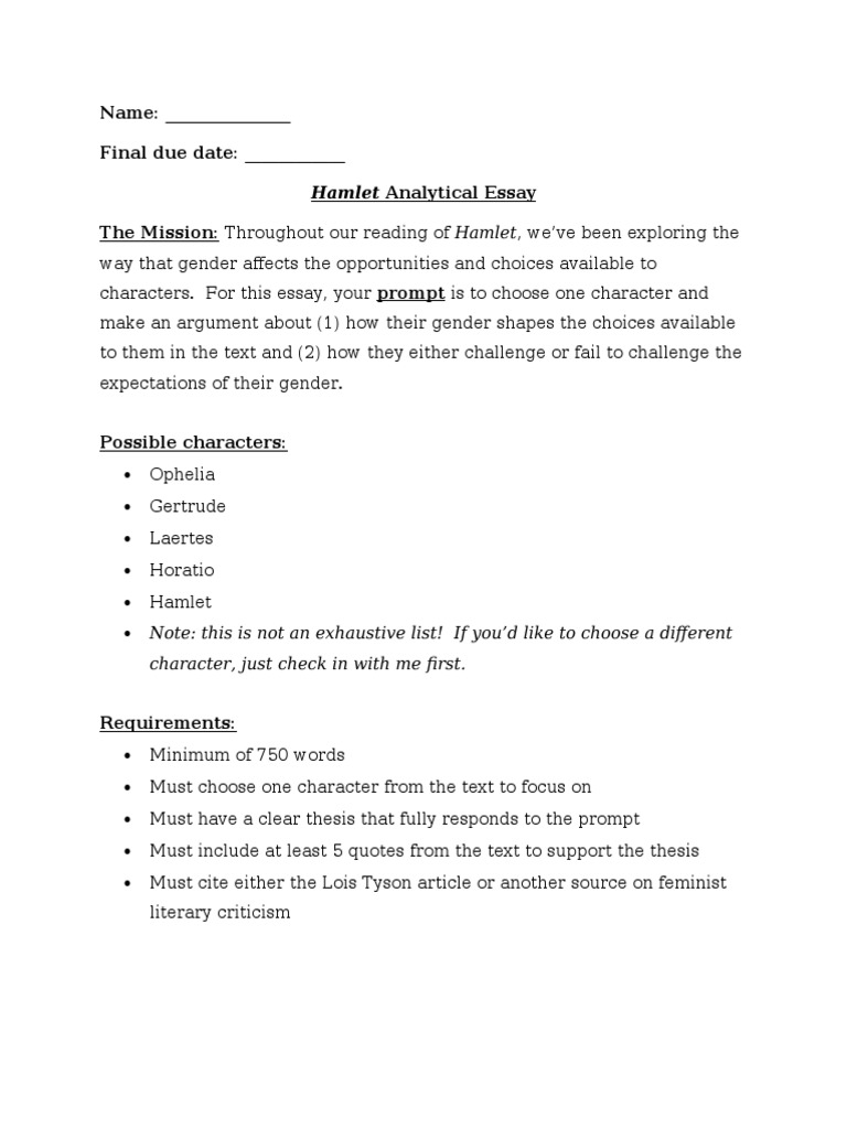 Gender Analysis in Hamlet Essay Guide | PDF | Hamlet | Essays