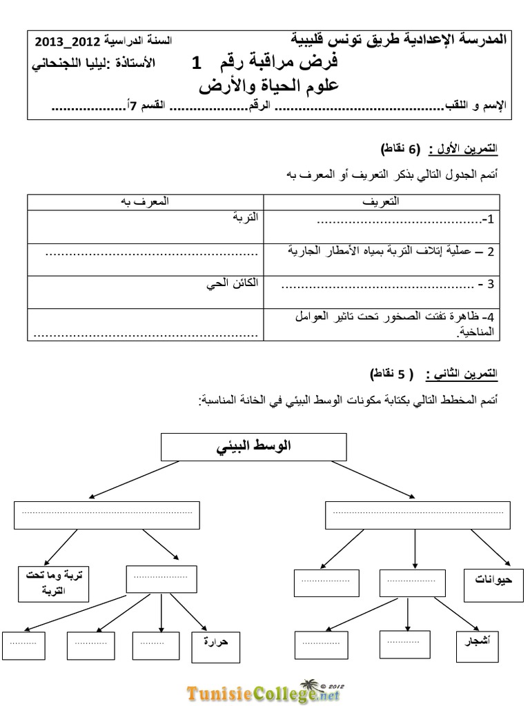 Devoir de Contrôle N°1 - SVT - 7ème (2012-2013) Mme jenhani lilia | PDF