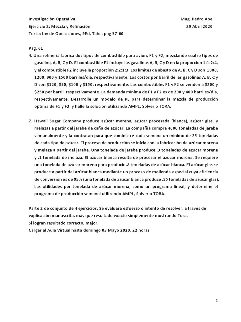2020-04-29-IO-5AC-Ejercicio 2-Mezcla y Refinacion-Pag 61-Prob 4-7 | PDF