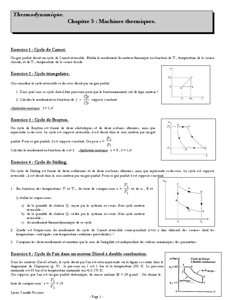 Thermodynamique exercices T5- Machines thermiques | Transfert thermique ...