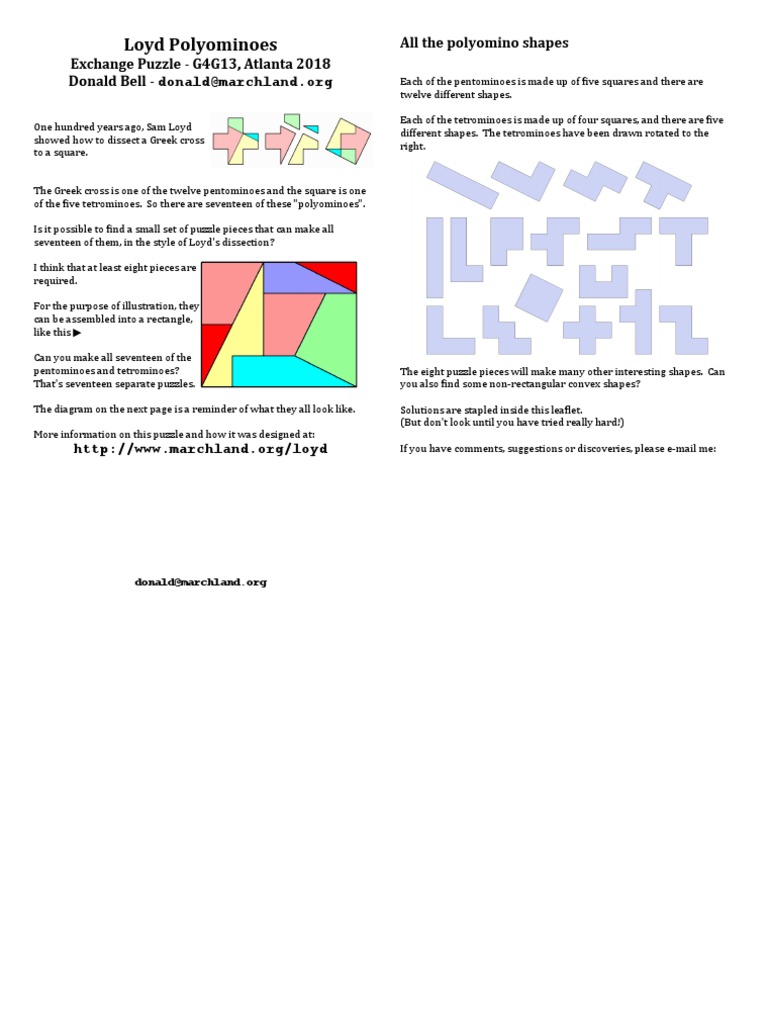 Loyd Polyominoes: Exchange Puzzle - G4G13, Atlanta 2018 Donald Bell - All The Polyomino Shapes | PDF