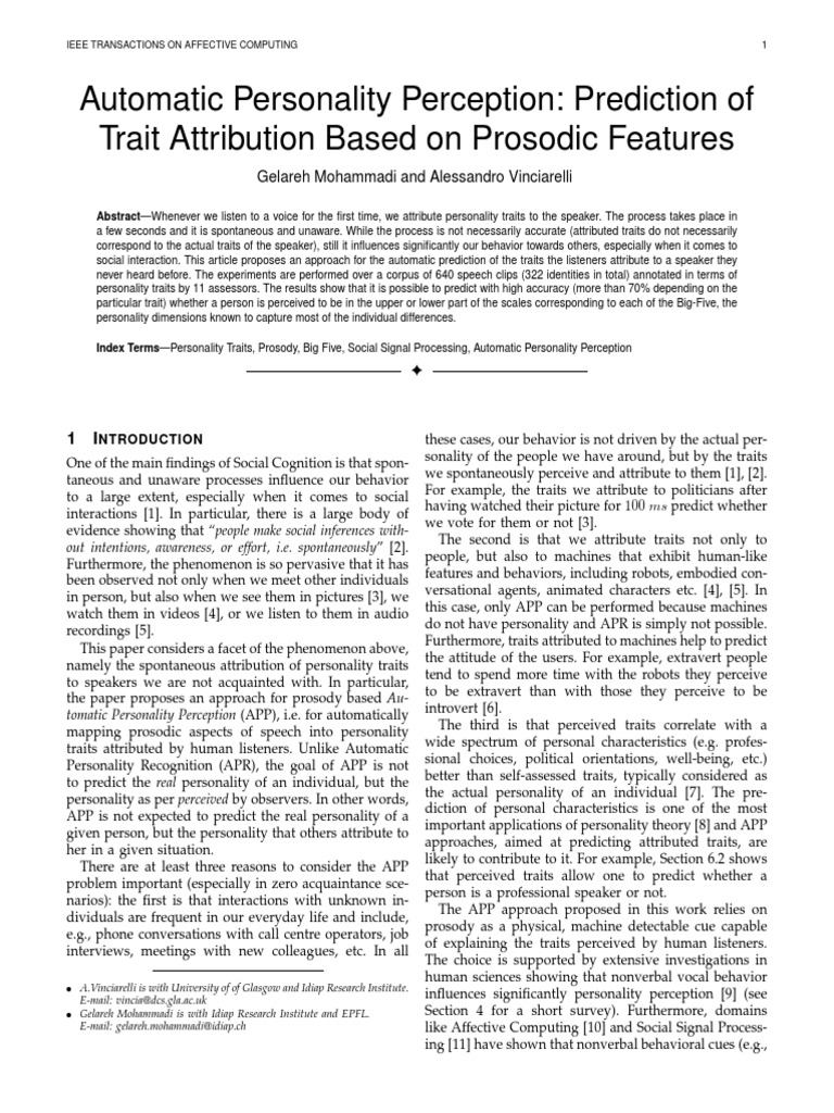 Automatic Personality Perception: Prediction of Trait Attribution Based On Prosodic Features ...