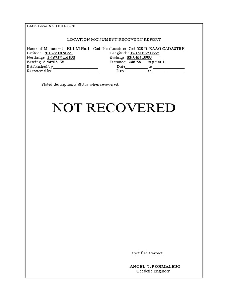 Monument Recovery Report: BLLM No.1 | PDF