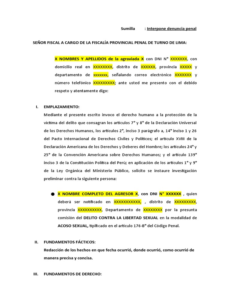 Modelo de Denuncia Acoso Sexual | PDF | Acoso sexual | Justicia Modelo de Denuncia Acoso Sexual | PDF | Acoso sexual | Justicia