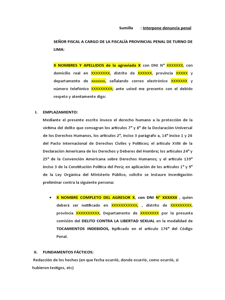 Modelo de Denuncia de Tocamientos Indebidos | PDF | Esfera pública | Justicia