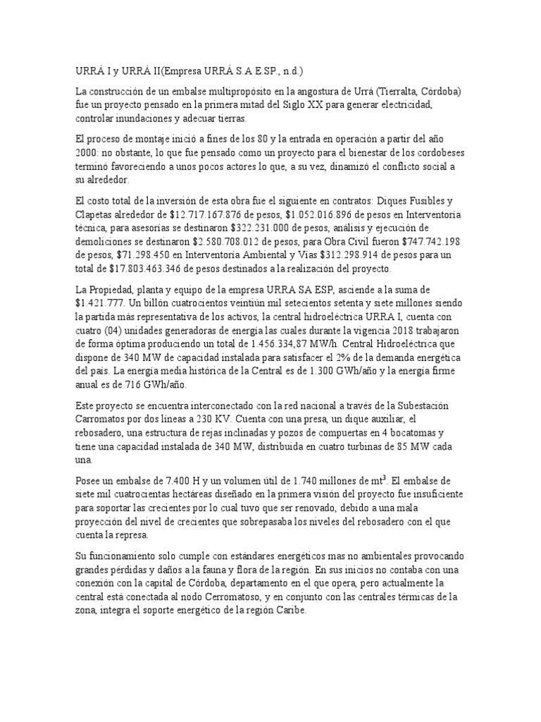 Urra I y II | PDF | Hidroelectricidad | Reservorio