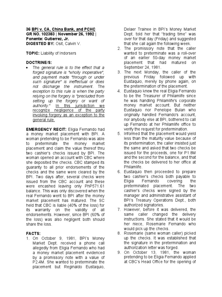 BPI v. CA, China Bank, and PCHC (Osit) | PDF | Cheque | Negligence