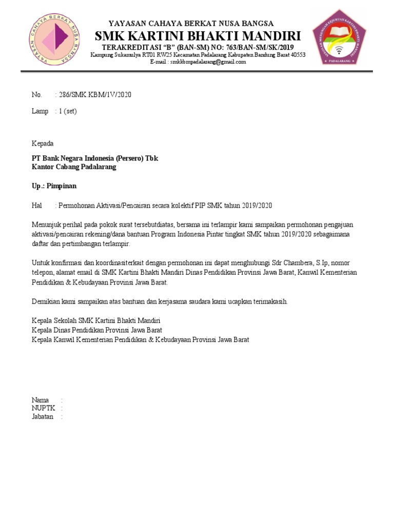 Surat Permohonan Aktivasi Pip | PDF