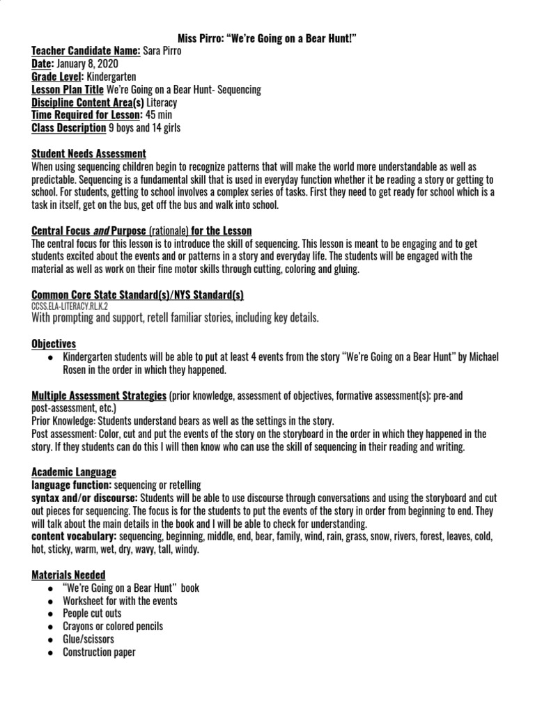 Kindergarten Bear Hunt Lesson Plan 3 | PDF | Lesson Plan | Behavior ...