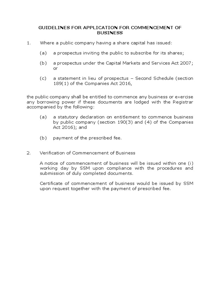 Guidelines For Application For Commencement of Business | PDF