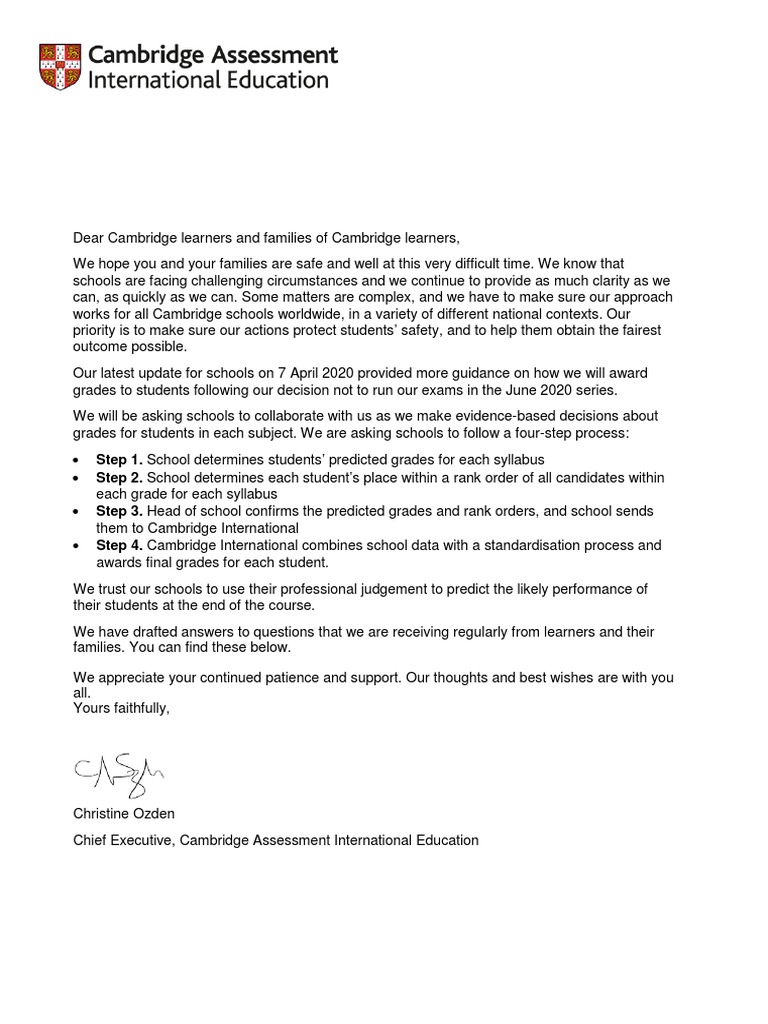 Letter To Cambridge Learners and Their Families 7 April PDF | PDF ...