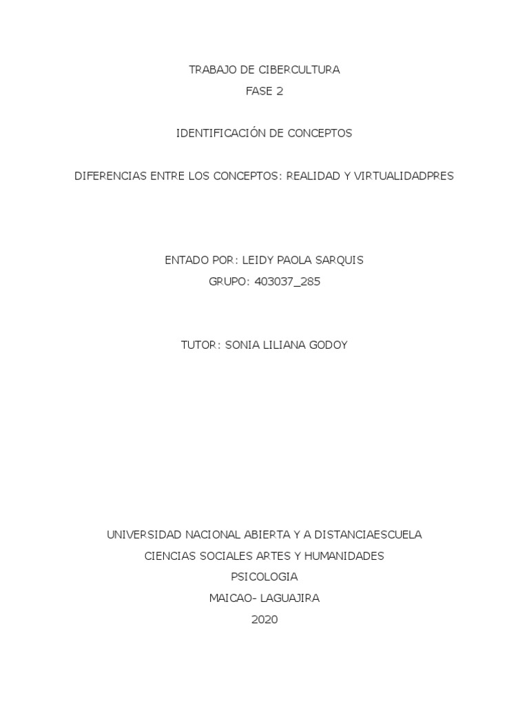 Identificación de conceptos clave sobre realidad y virtualidad en documento de ciberactividad ...