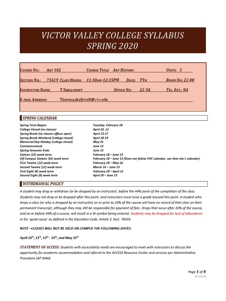 Victor Valley College Syllabus SPRING 2020 | PDF | Test (Assessment ...