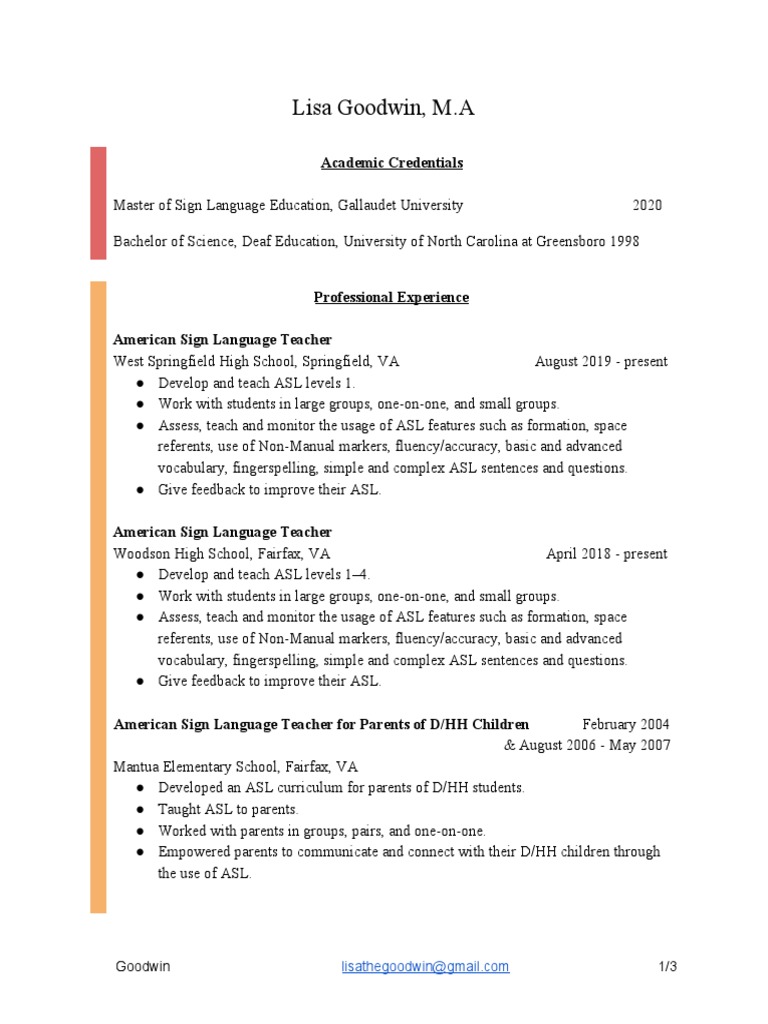 Goodwin CV | PDF | American Sign Language | Sign Language