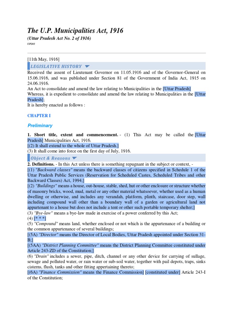 U.P. Municipalities Act, 1916 Overview | PDF | Magistrate | Government
