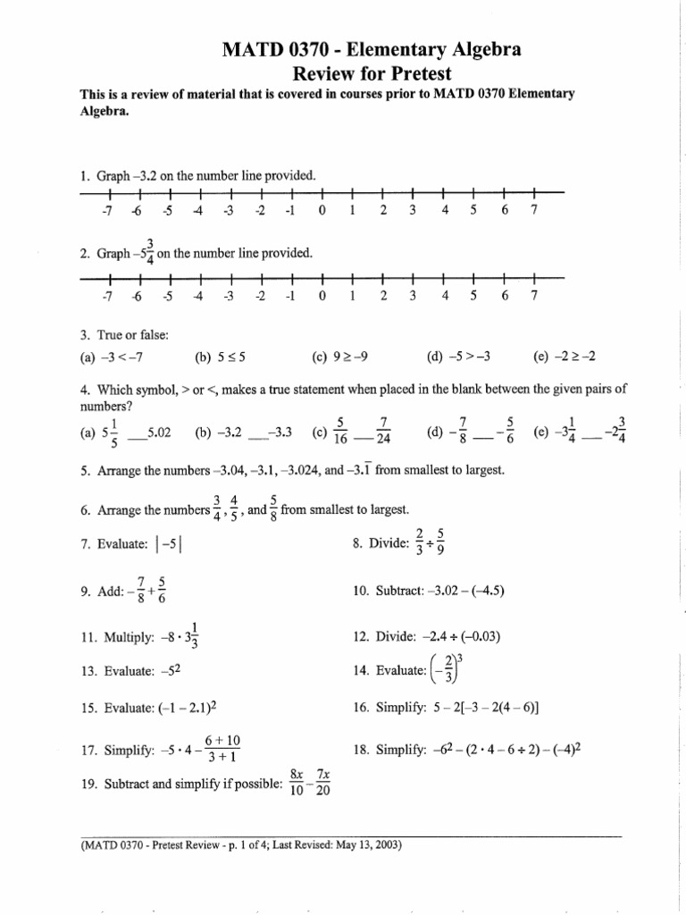 MATD 0370 Elementary Algebra Prerequisite Review | PDF