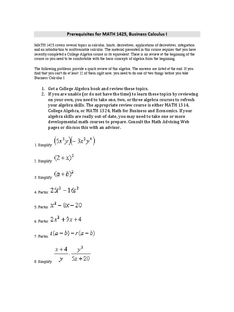 MATH 1425 Business Calculus I Prerequisite Review | PDF | Teaching ...